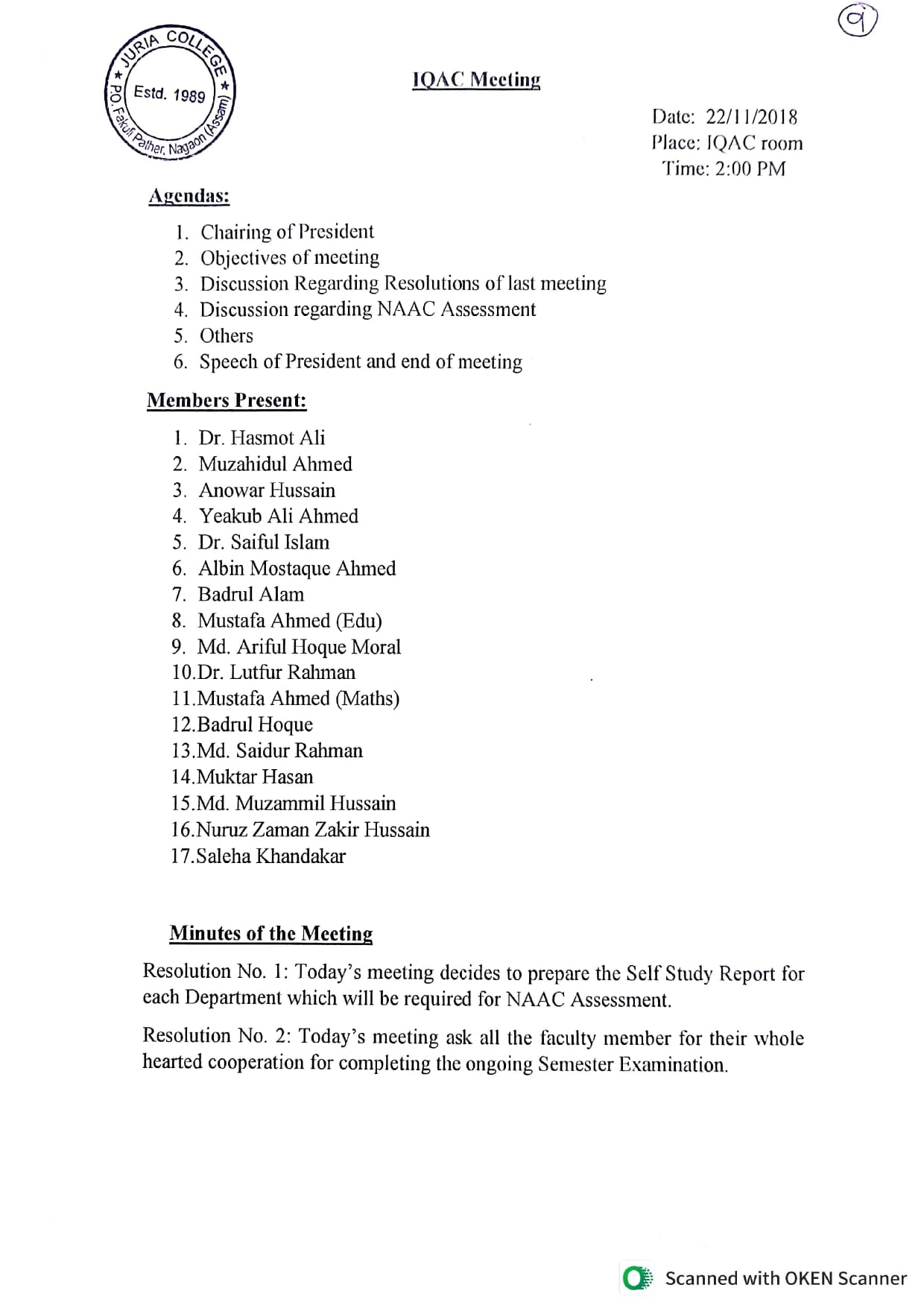 IQAC Proceeding – Juria College